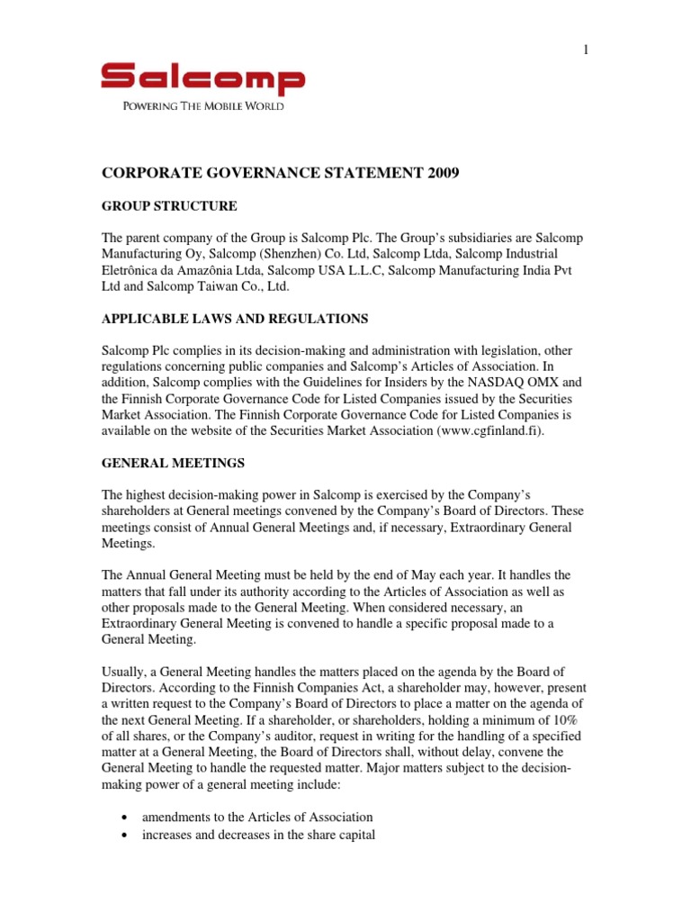 Salcomp Corporate Governance Statement 2009 PDF | PDF | Board Of Directors | Internal Control