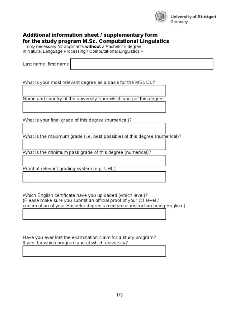 Additional Information Sheet / Supplementary Form For The Study Program ...