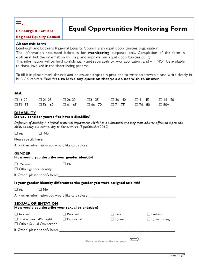 Equal Opportunities Monitoring Form 2016 PDF | PDF | Disability | Gender