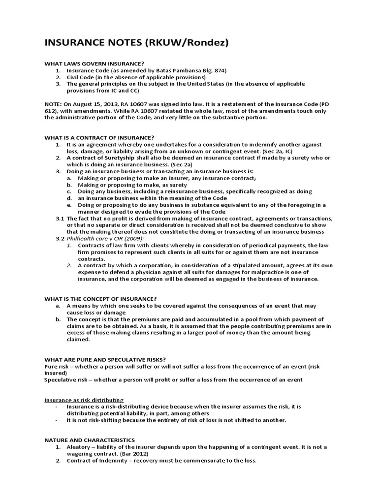 Insurance Notes (Rkuw/Rondez) : What Laws Govern Insurance? | PDF ...