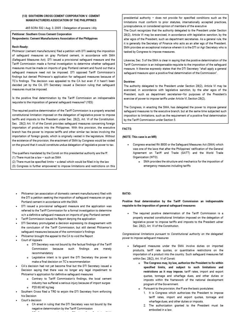 Southern Cross Cement vs. Tariff Commission | PDF | Presidents Of The ...