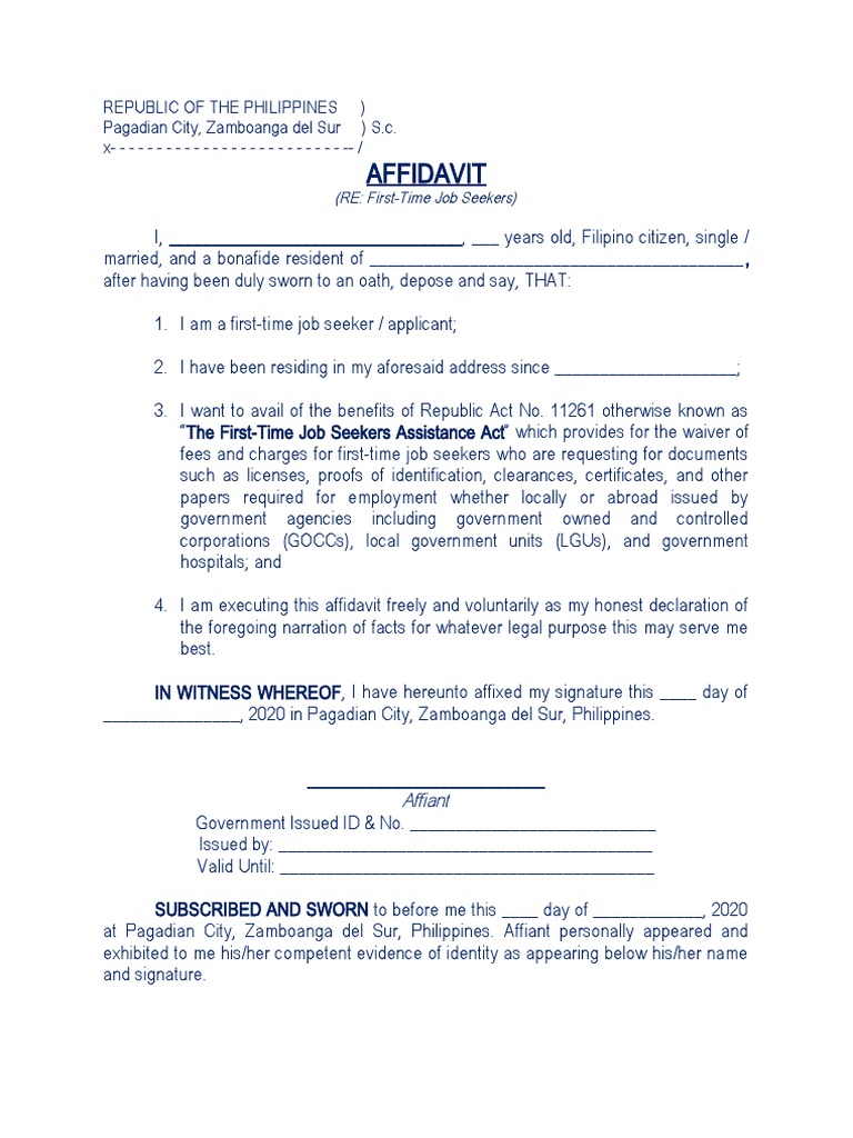Affidavit (First-Time Job Seeker) | PDF
