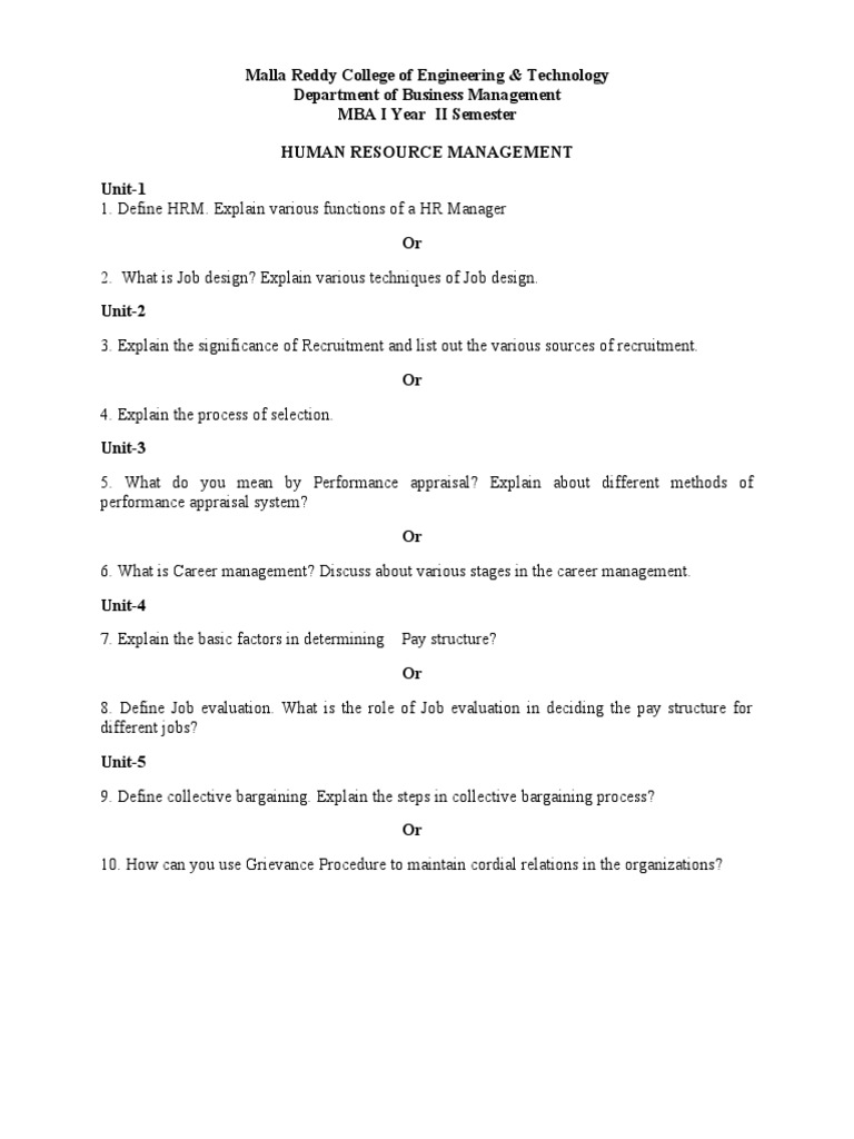 HRM Question Bank-Updated | PDF | Performance Appraisal | Human ...