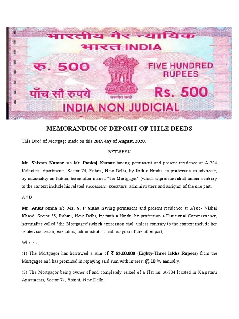 Memorandum of Deposit of Title Deeds | PDF | Mortgage Law | Loans