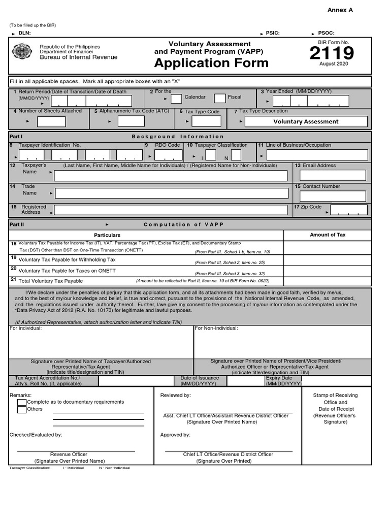 Annex A - Application Form BIR Form 2119 | PDF | Taxation In The United ...