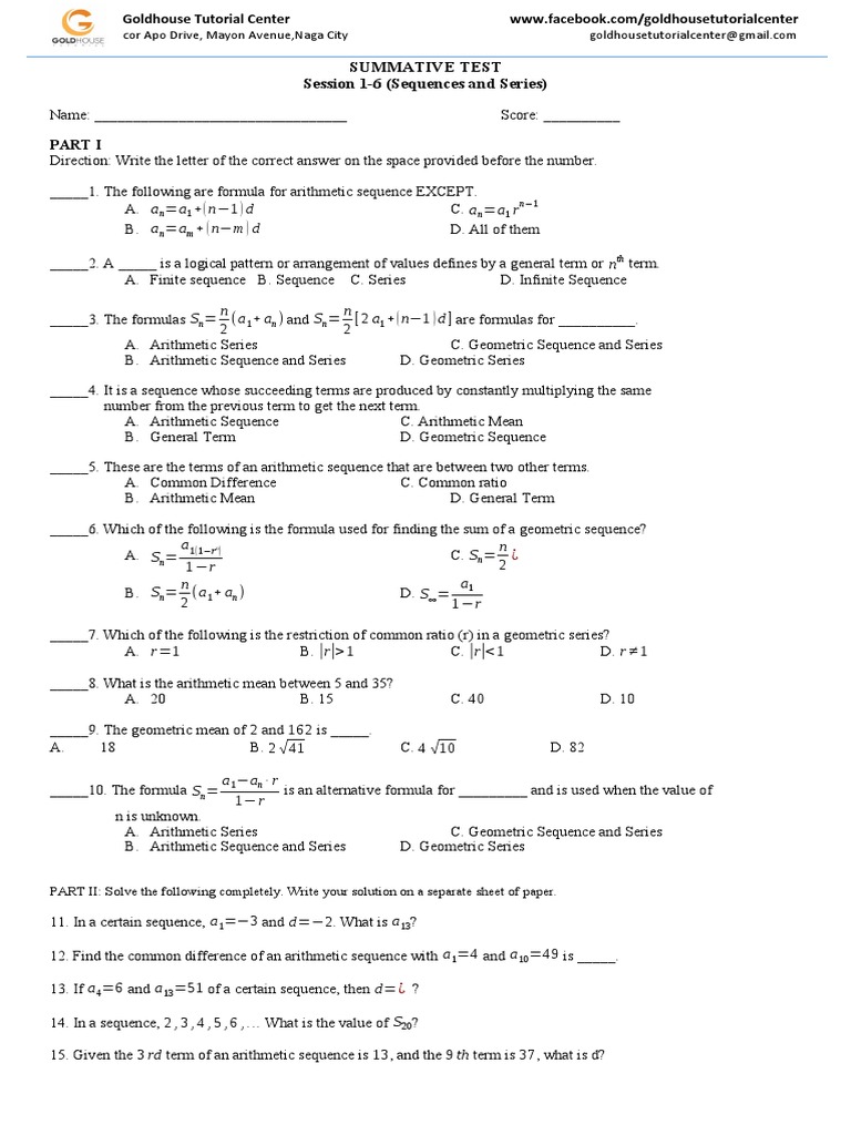 SUMMATIVE TEST Session 1 6 | PDF | Sequence | Mathematical Analysis