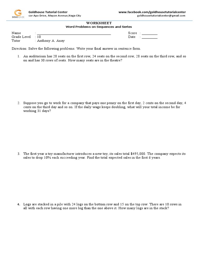 Worksheet: Word Problems On Sequences and Series | PDF