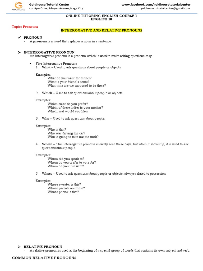 Interrogative and Relative Pronouns Worksheet | PDF | Pronoun | Question