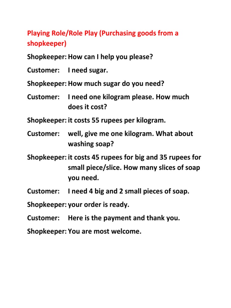 Playing Role/Role Play (Purchasing Goods From A Shopkeeper) | PDF ...