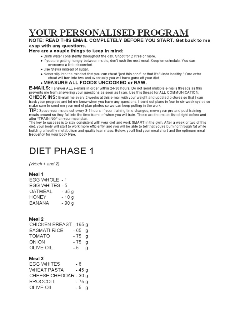 Your Personalised Program: Diet Phase 1 | PDF | Pasta | Peanuts