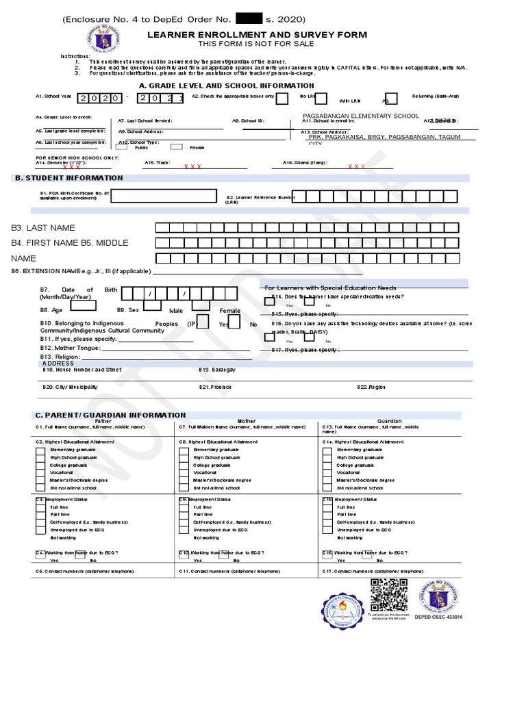 Learner Enrollment and Survey Form:, (Enclosure No. 4 To Deped Order No ...