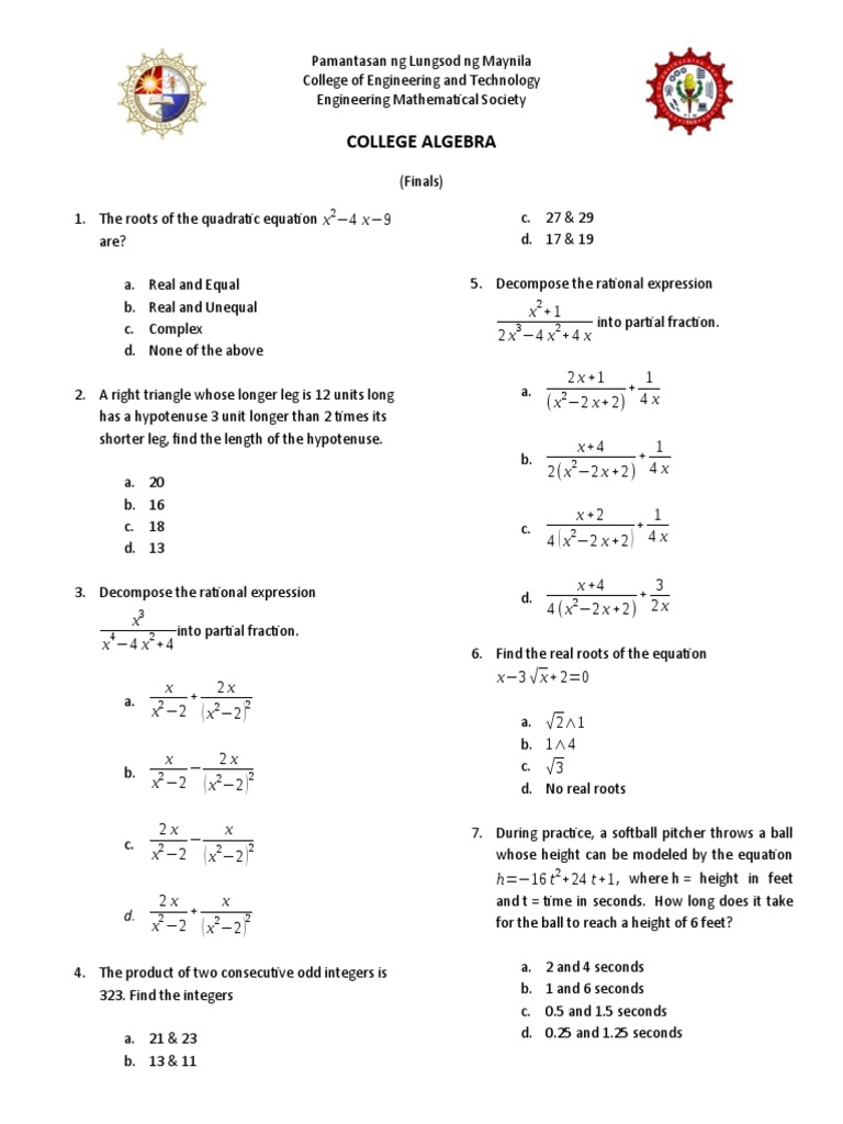 College Algebra (Final Exam) | PDF | Zero Of A Function | Numbers