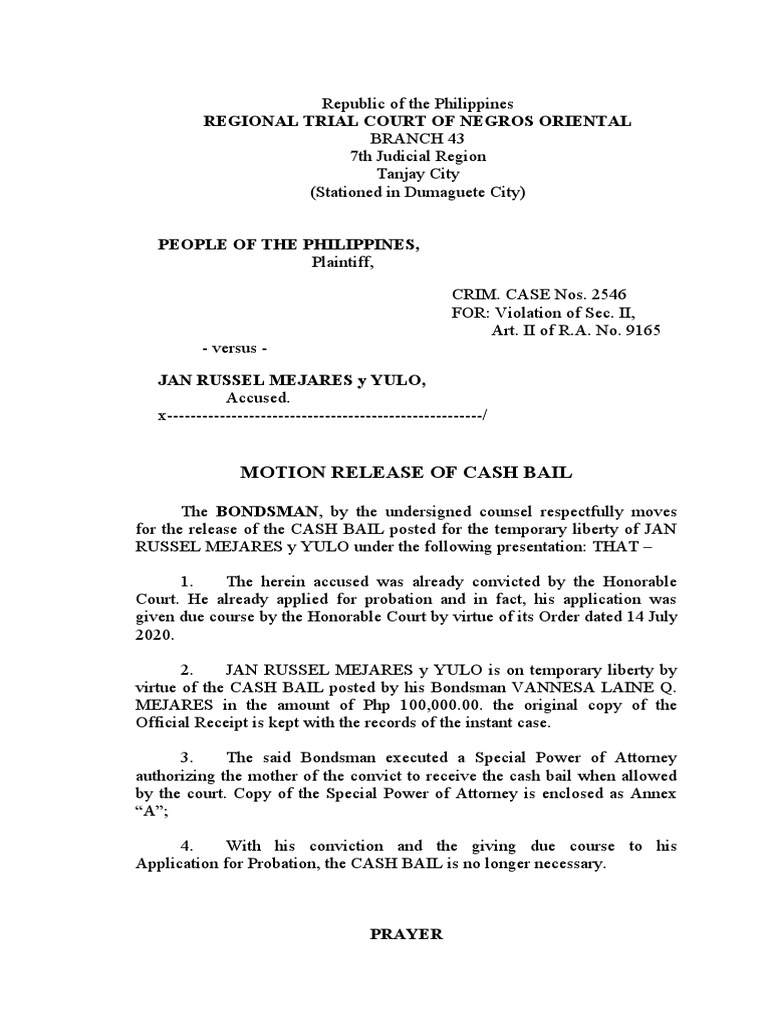 Motion For Release of Cash Bail | PDF | Bail | Virtue