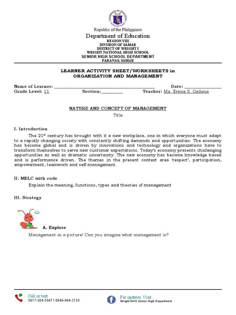 Organization and Management Worksheets | PDF | Organizational Behavior ...
