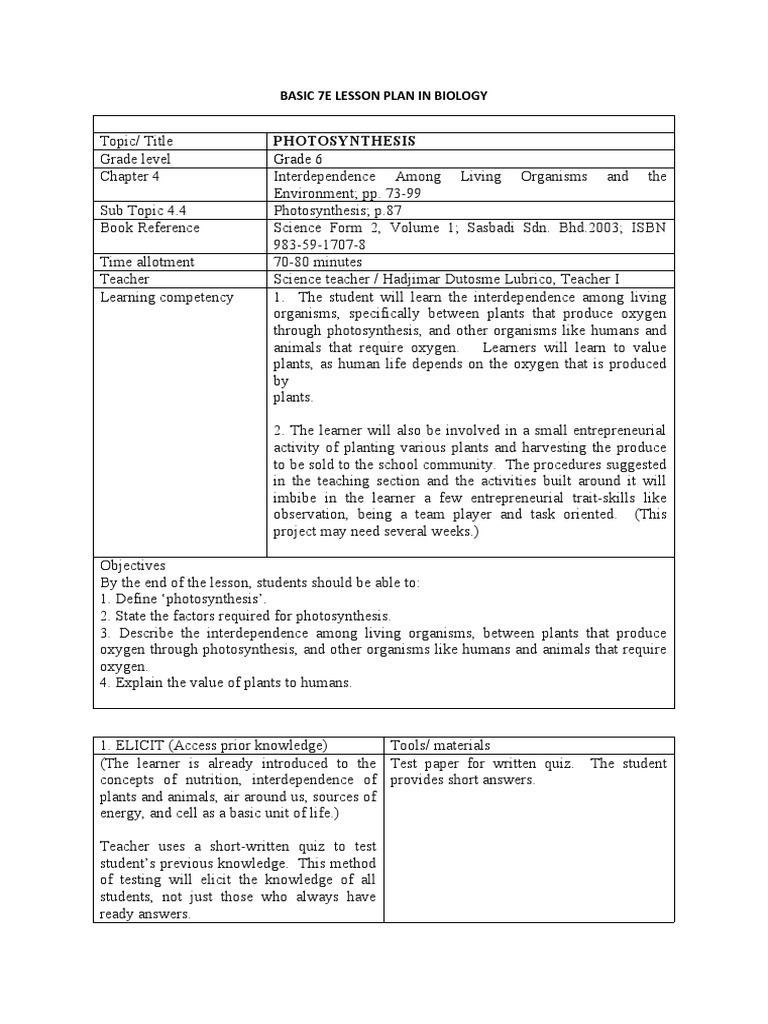 Basic 7e Lesson Plan in Biology | PDF | Photosynthesis | Plants