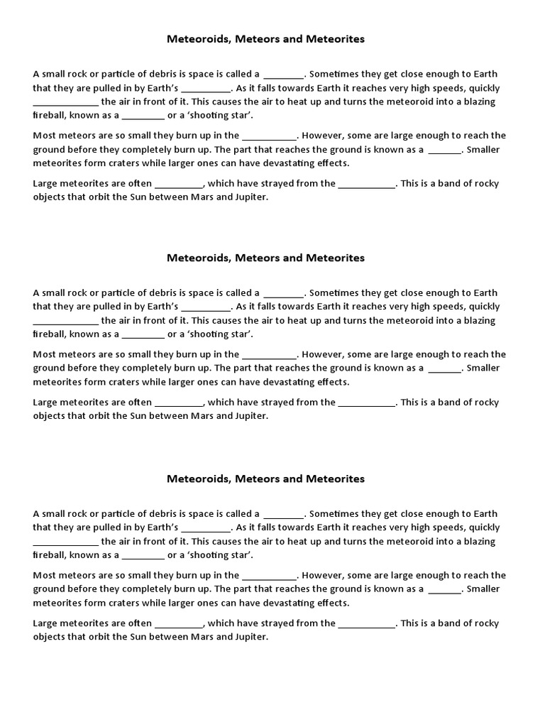 Year 7 Meteoroids, Meteor, Meteorites Cloze Passage | PDF | Meteoroid ...
