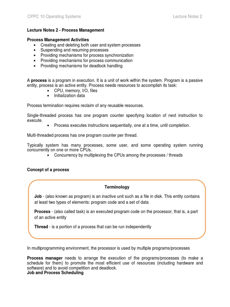 Cppc 10 Lecture Notes 2 Process Management Pdf Scheduling Computing Process Computing