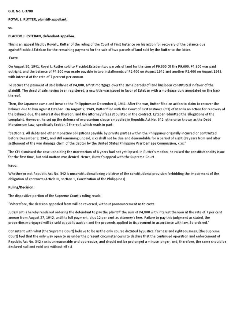 G.R. No. L-3708 ROYAL L. RUTTER, Plaintiff-Appellant, vs. PLACIDO J ...