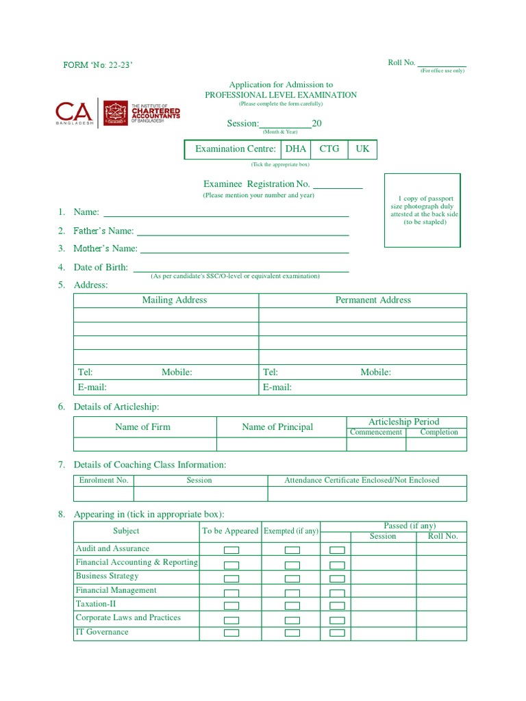 FORM No: 22-23' Application For Admission To Professional Level ...