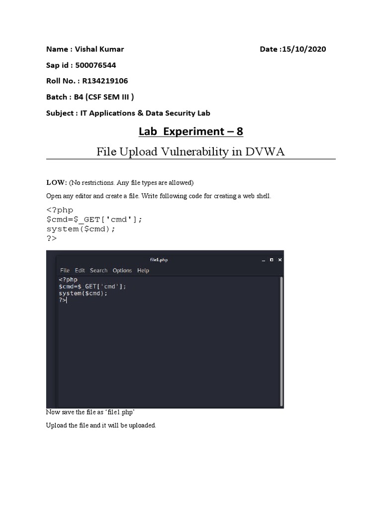 File Upload Vulnerability in DVWA: Lab Experiment - 8 | PDF