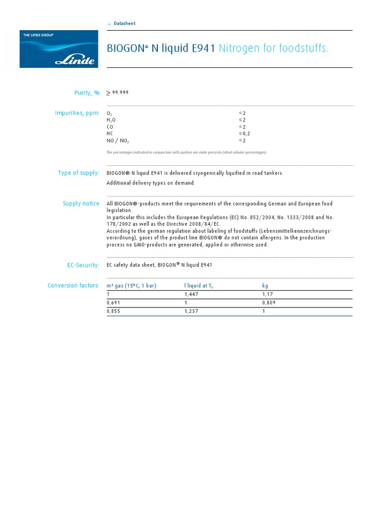 Biogon N Liquid E941: Nitrogen For Foodstuffs | PDF | Nitrogen | Cryogenics