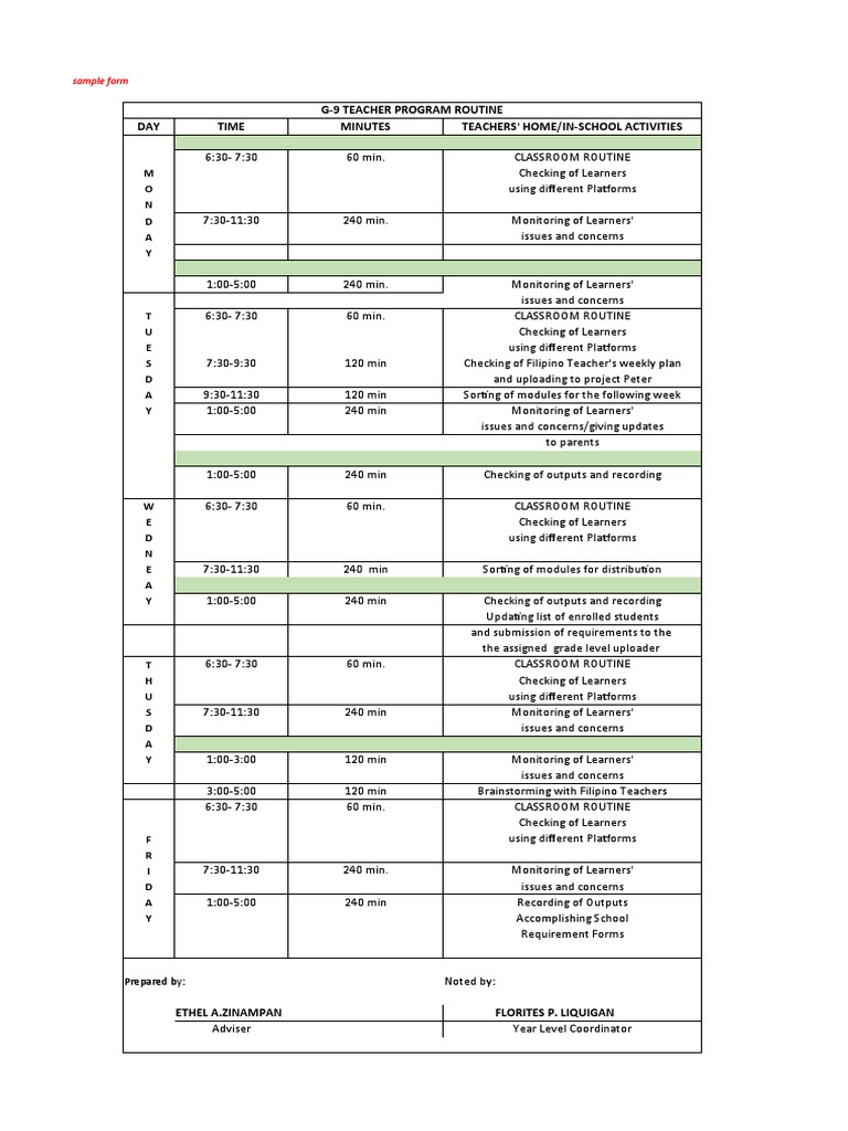G-9 Teacher Program Routine DAY Time Minutes Teachers' Home/In-School ...
