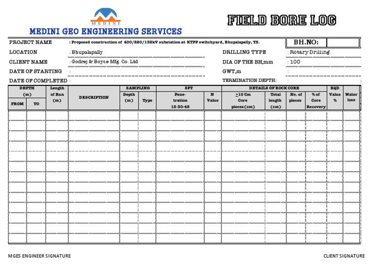 Field Bore Log: Medini Geo Engineering Services | PDF