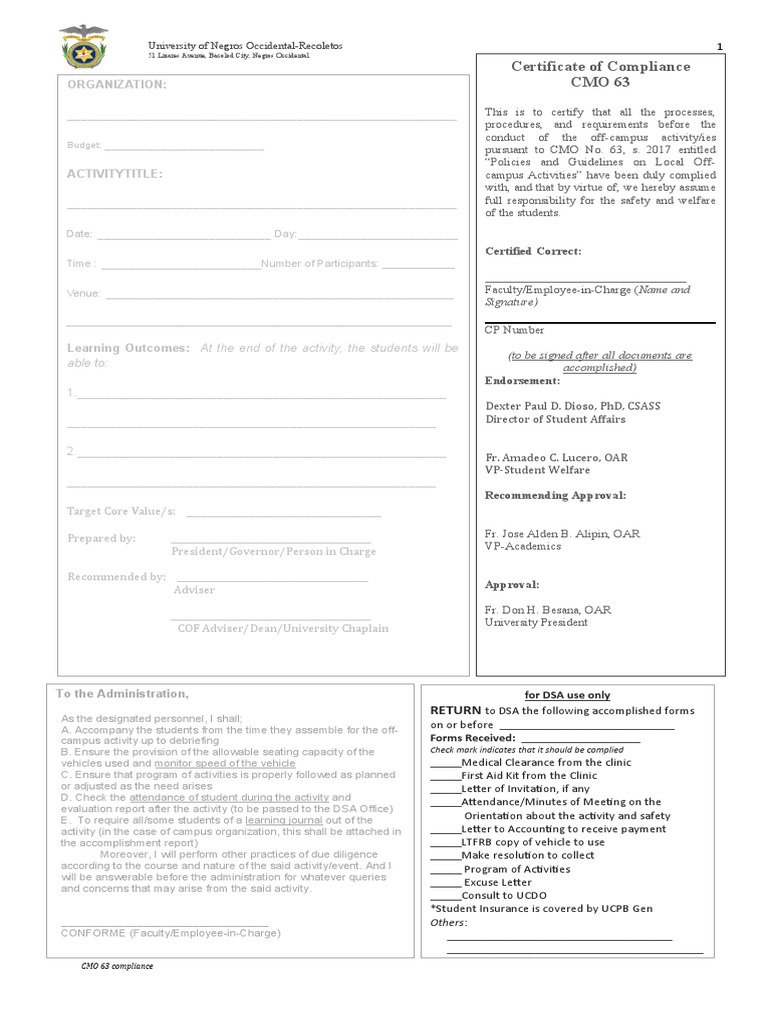 Certificate of Compliance CMO 63: Organization | PDF | Consent | Legal ...