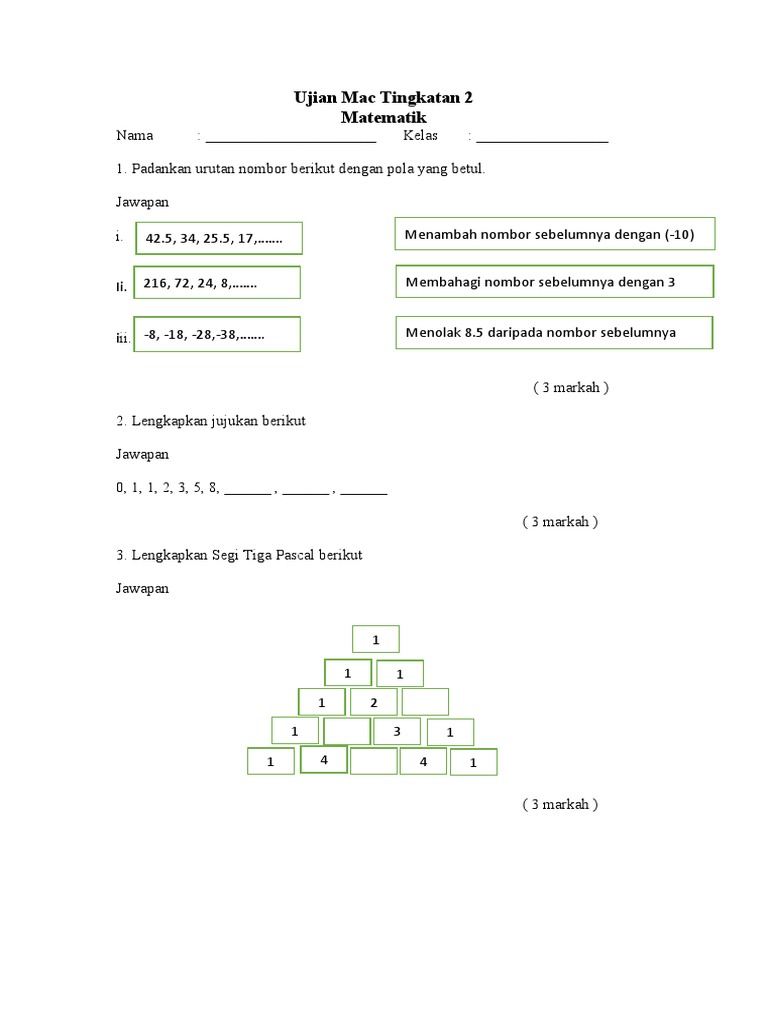 Ujian Matematik Tingkatan 2: Soalan dan Jawapan | PDF