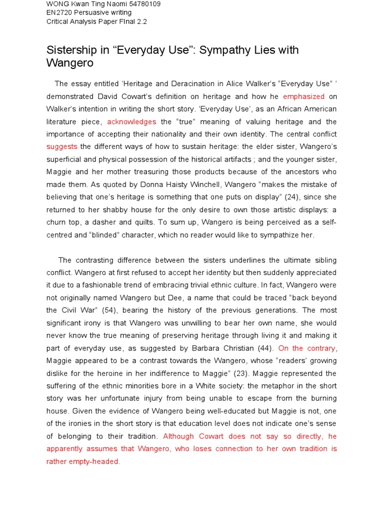 Sistership in "Everyday Use": Sympathy Lies With Wangero: Emphasized | PDF