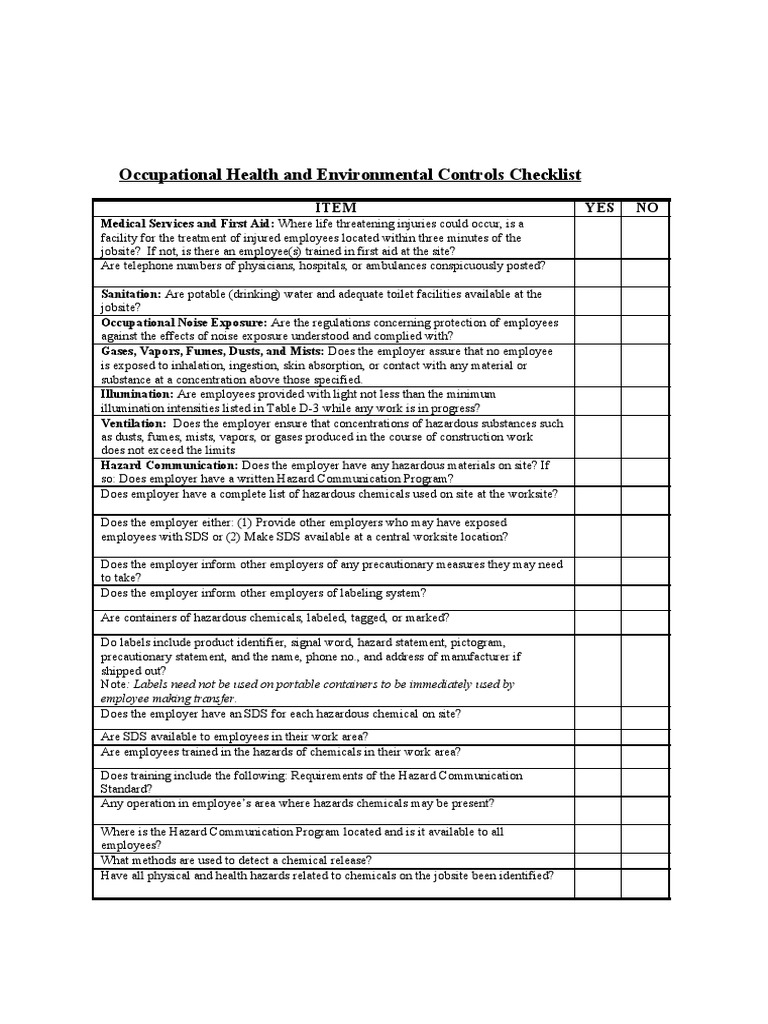 Occupational Health and Environmental Controls Checklist | PDF ...