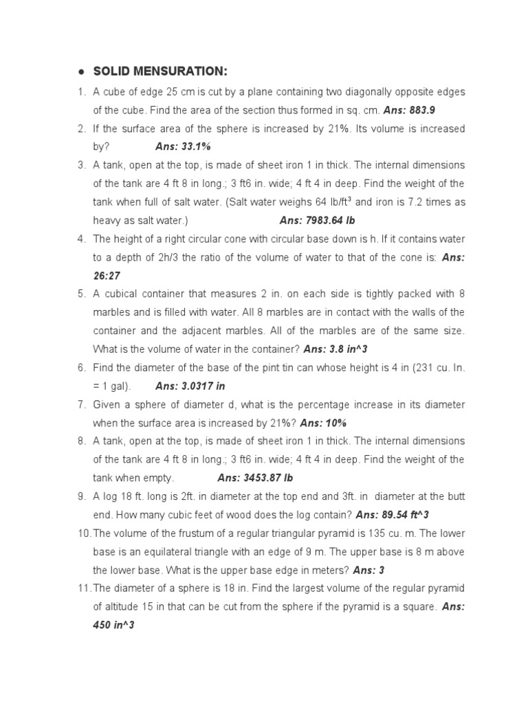 Solid Mensuration | PDF | Volume | Sphere