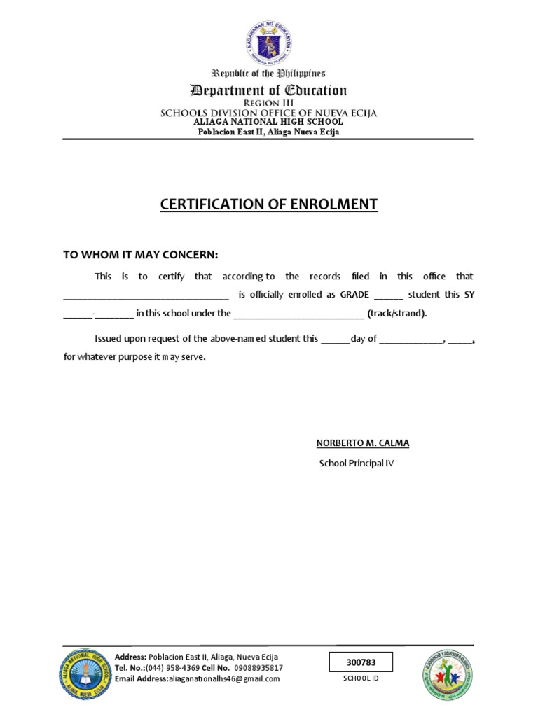Certification of Enrolment: To Whom It May Concern | PDF