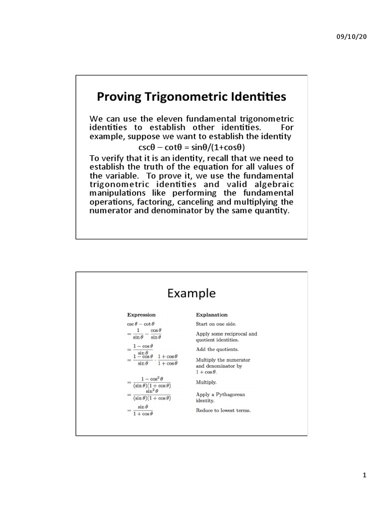 Proving Trigonometric Iden00es: Example | PDF | Science & Mathematics ...