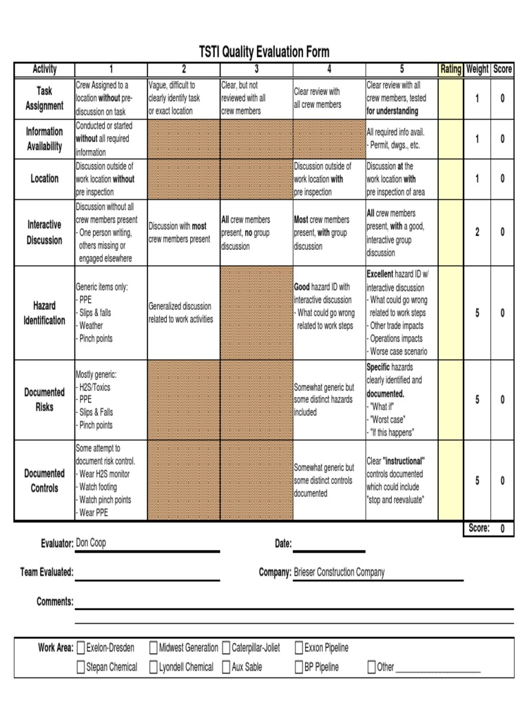 TSTI Quality Evaluation Form: For Understanding Without All Required ...