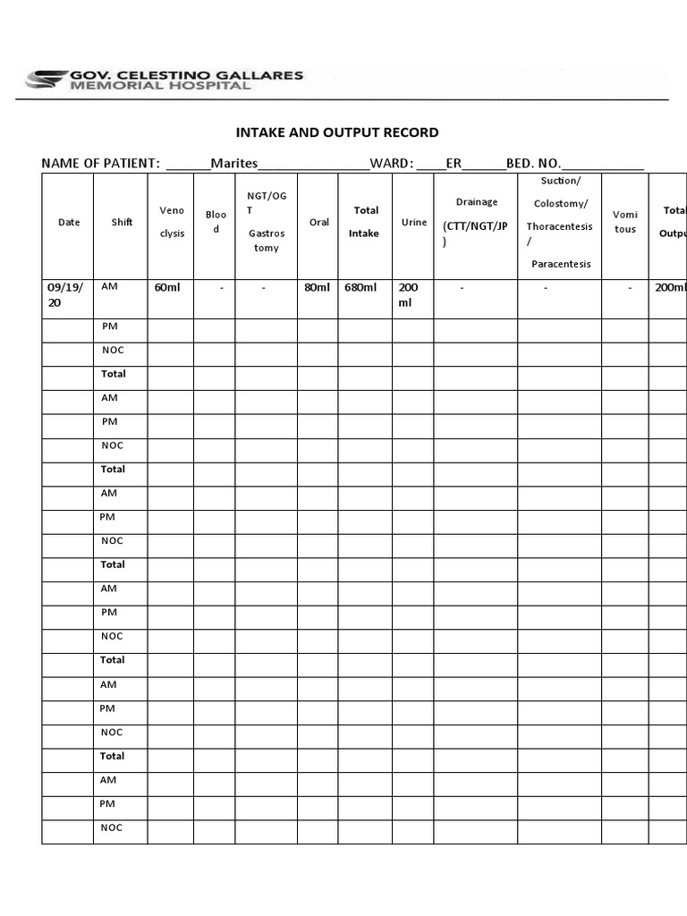 Intake and Output Record: NAME OF PATIENT: - Marites - WARD: - ER - BED ...