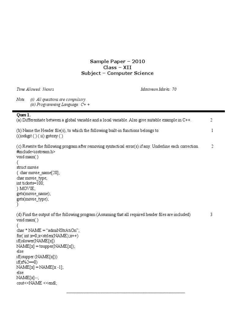 Sample Paper - 2010 Class - XII Subject - Computer Science | PDF | Array Data Structure | Subroutine