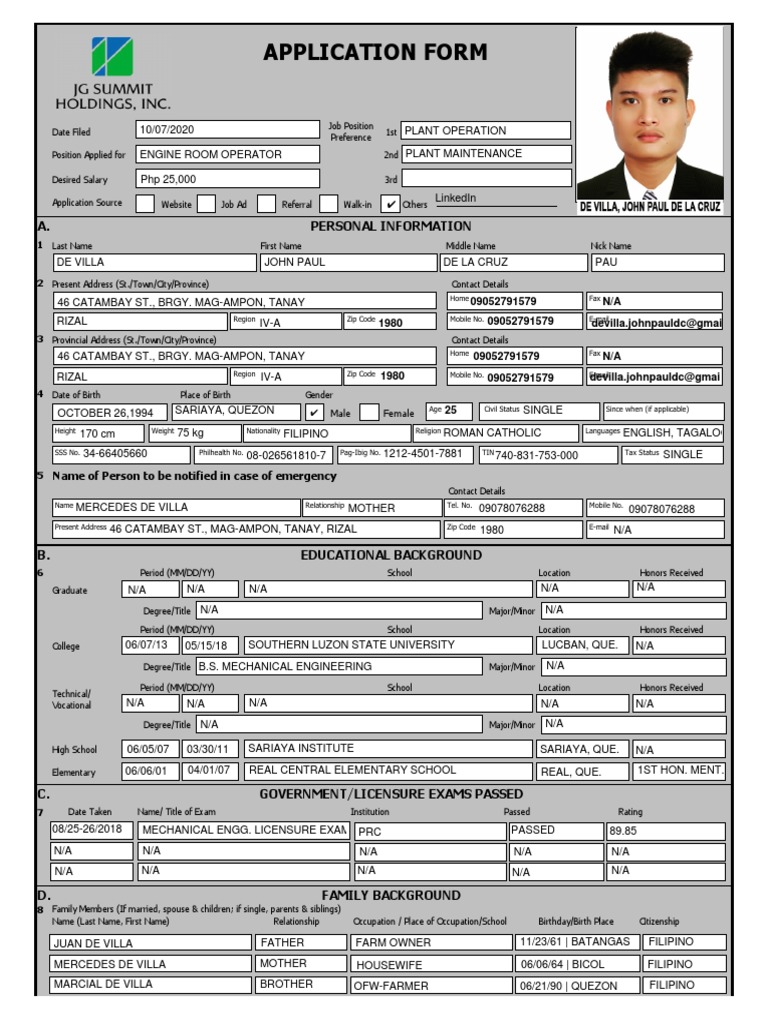 De Villa, John Paul D. JG Summit Application Form | Download Free PDF ...