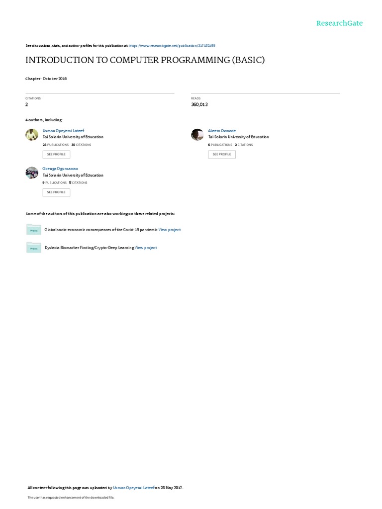Introduction To Computer Programming (Basic) : October 2016 | PDF | Notation | Computer Programming