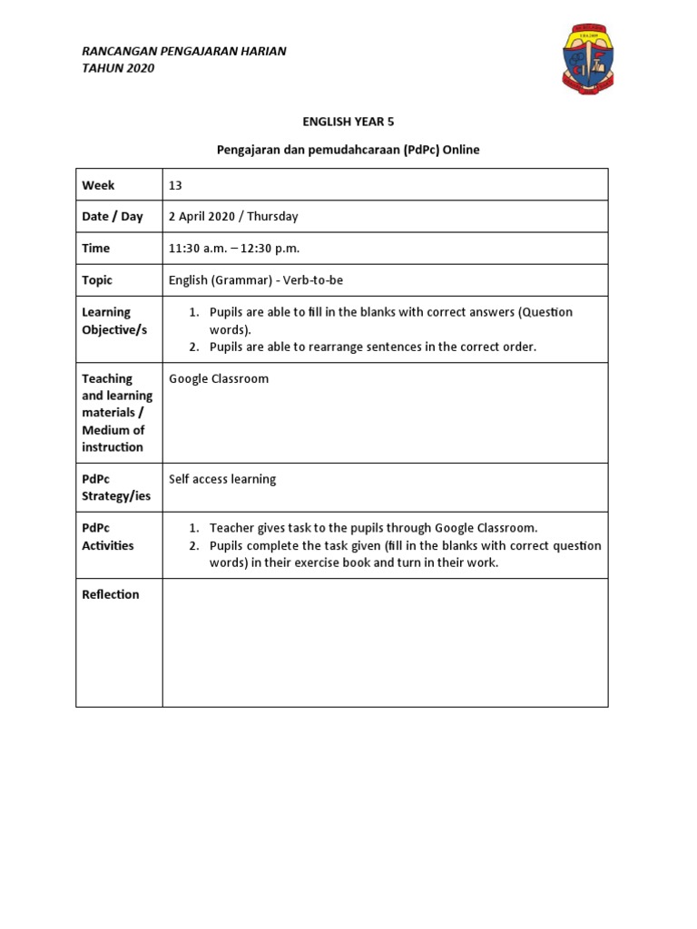 English Year 5 Pengajaran Dan Pemudahcaraan Pdpc Online Week Date