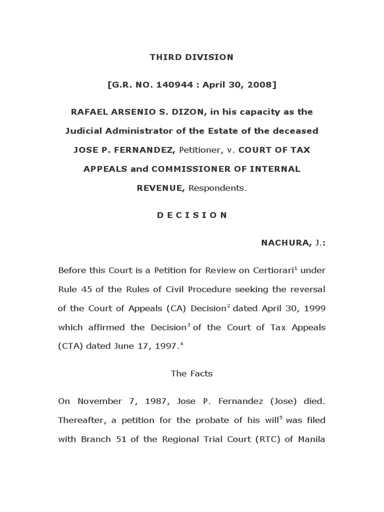 Dizon vs. CTA, CIR - Estate Tax - Date of Death Valuation Principle | PDF | Taxation In The ...