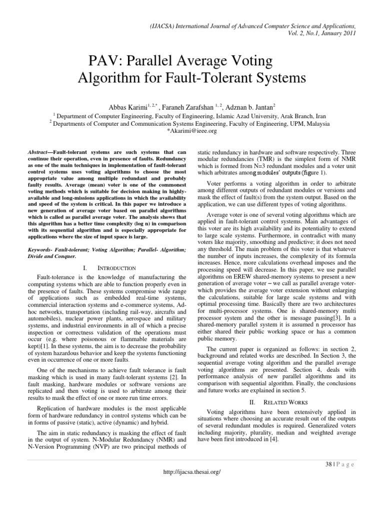 PAV Parallel Average Voting Algorithm For Fault Tolerant Systems | Download Free PDF | Parallel ...
