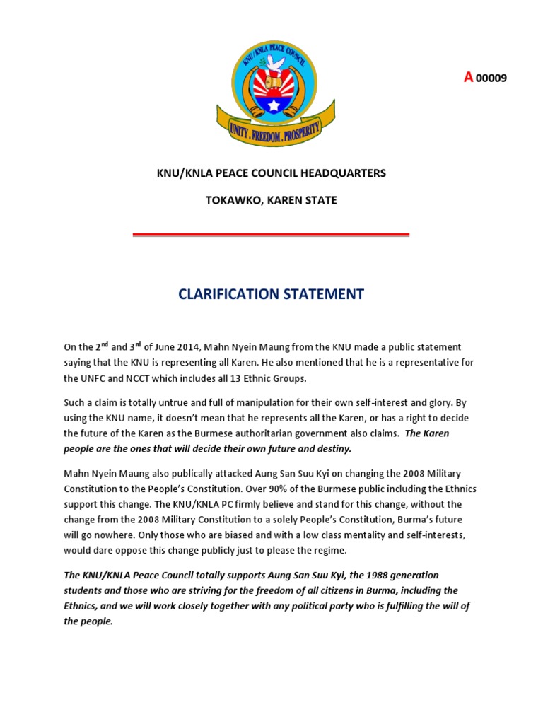 KNU/KNLA PC Statement on Karen Representation | PDF | Myanmar | Government