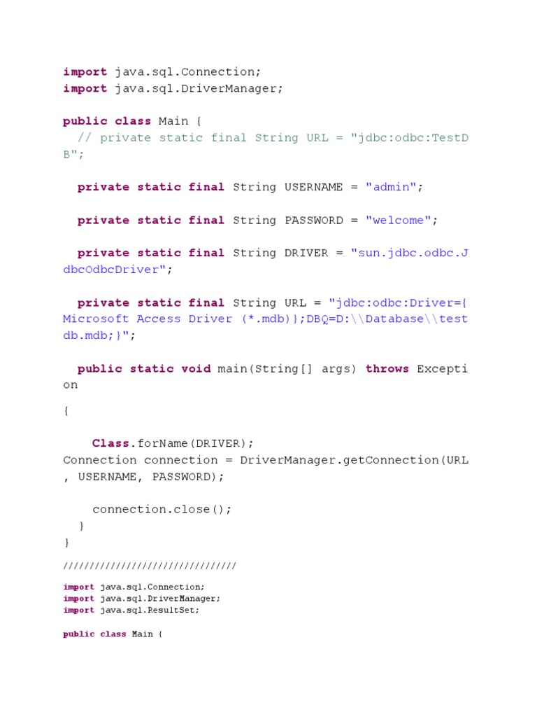 Private Static Final String Url "Jdbc:Odbc:Testd B" : Import Import ...