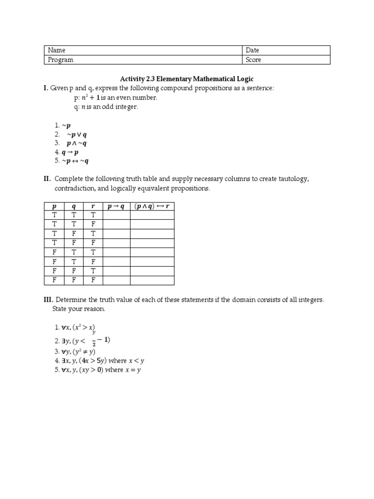 Activity 2.3: Logic Exercises | PDF