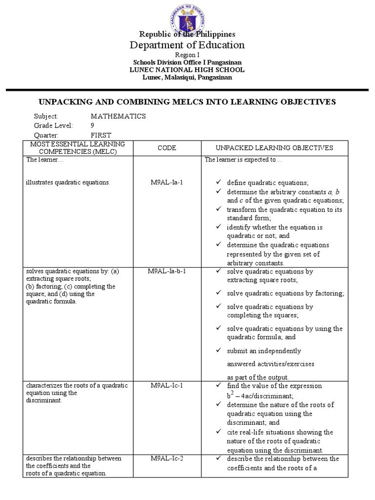 Department of Education: Unpacking and Combining Melcs Into Learning ...