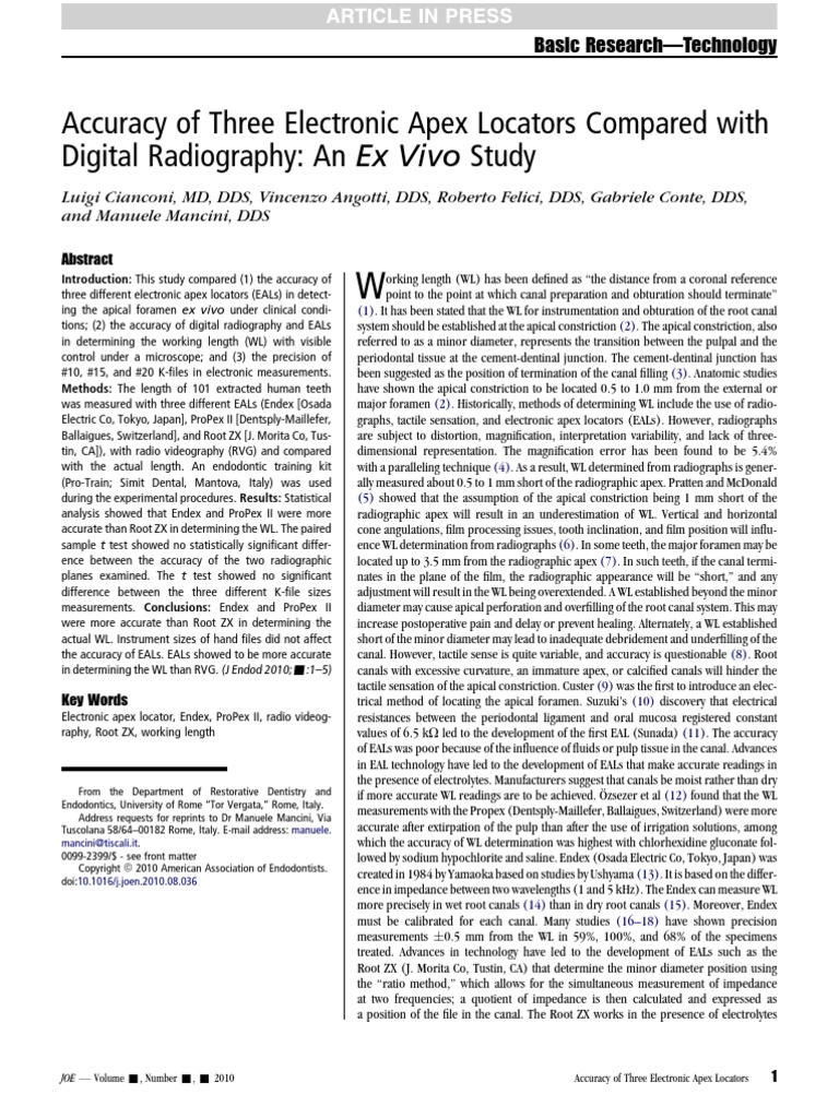 Accuracy of Three Electronic Apex Locators Compared With Digital Radiography: An Ex Vivo Study ...