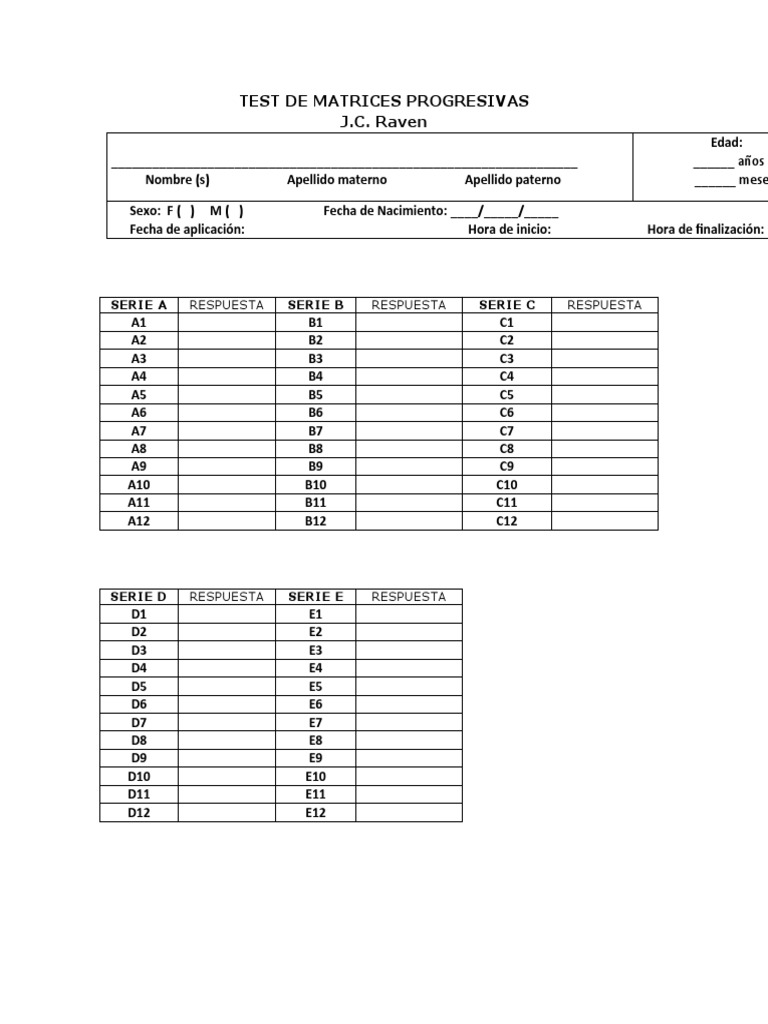 Hoja de Respuesta Del Test J.C. Raven | PDF
