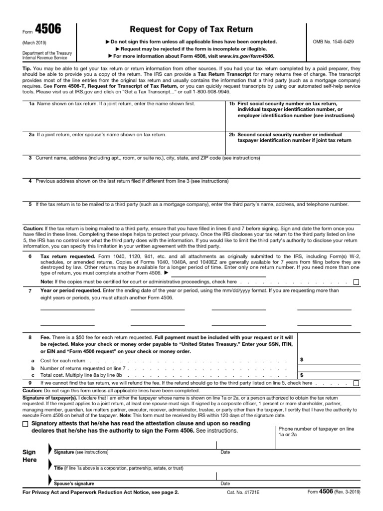 Request For Copy of Tax Return: Form (March 2019) Department of The ...
