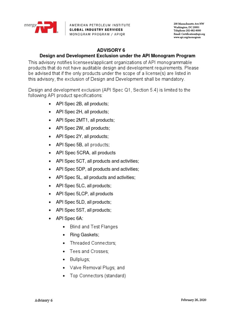 Advisory 6 API Design and Development Exclusion Under The API Monogram ...